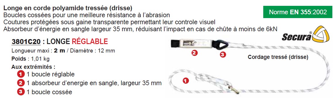 ABSORBEUR ENERGIE + LONGE 2 M CORDE D.12 MM - REGLABLE EN355:2002 -SECURA